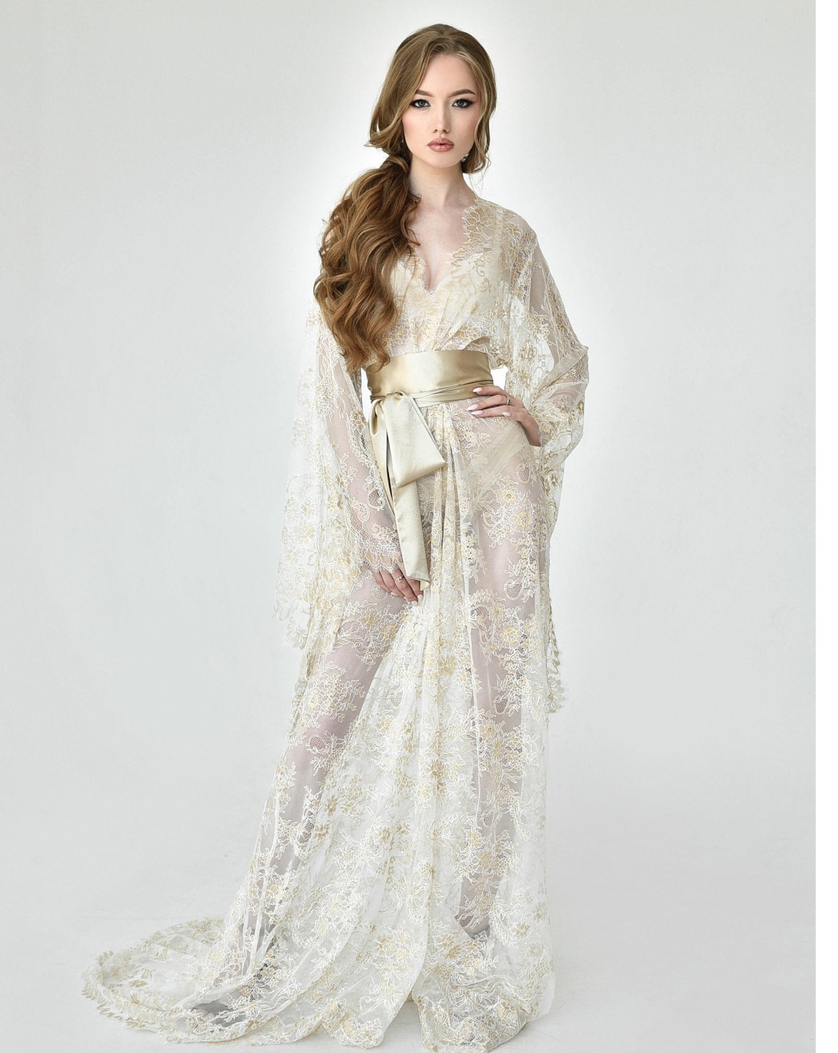 Lace Robe for Bridel Long Lace Robel Sheer Lace Robel White Lace Robe ...